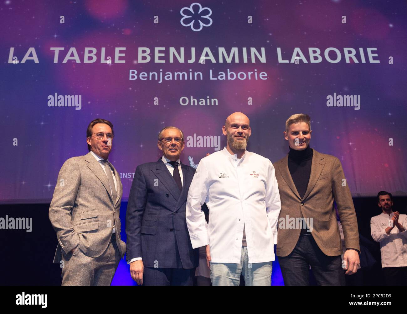 Viki Geunes (L), Chef Peter Goossens (2L), Benjamin Laborie of La Table ...