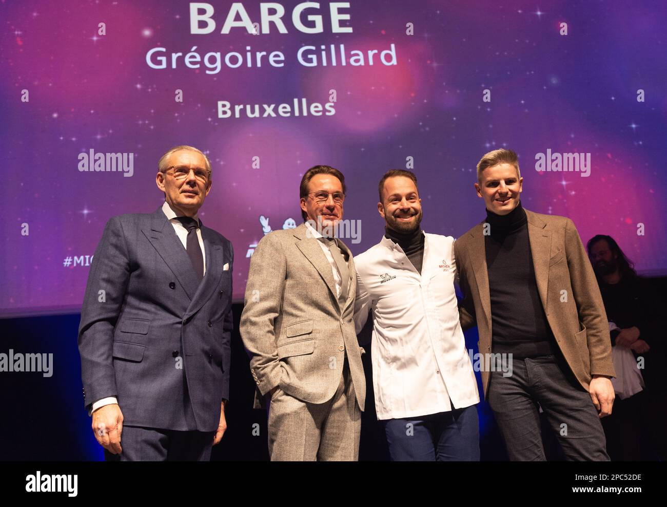 Chef Peter Goossens (L), Viki Geunes (2L), Gregoire Gillard of Barge (2R) and chef Tim Boury (R ...