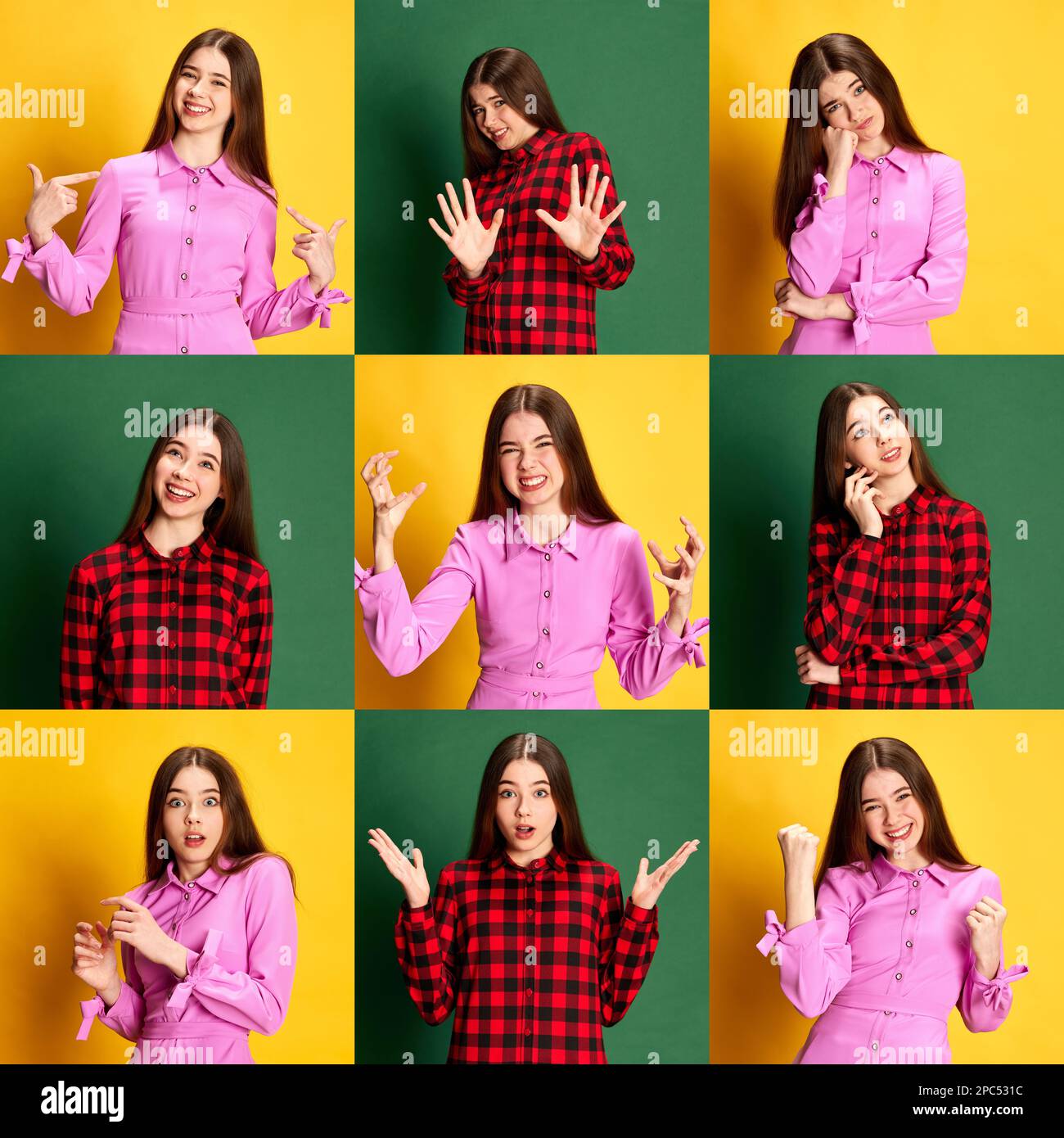 Certainty versus doubt. Collage made of one model portraits. Young ...