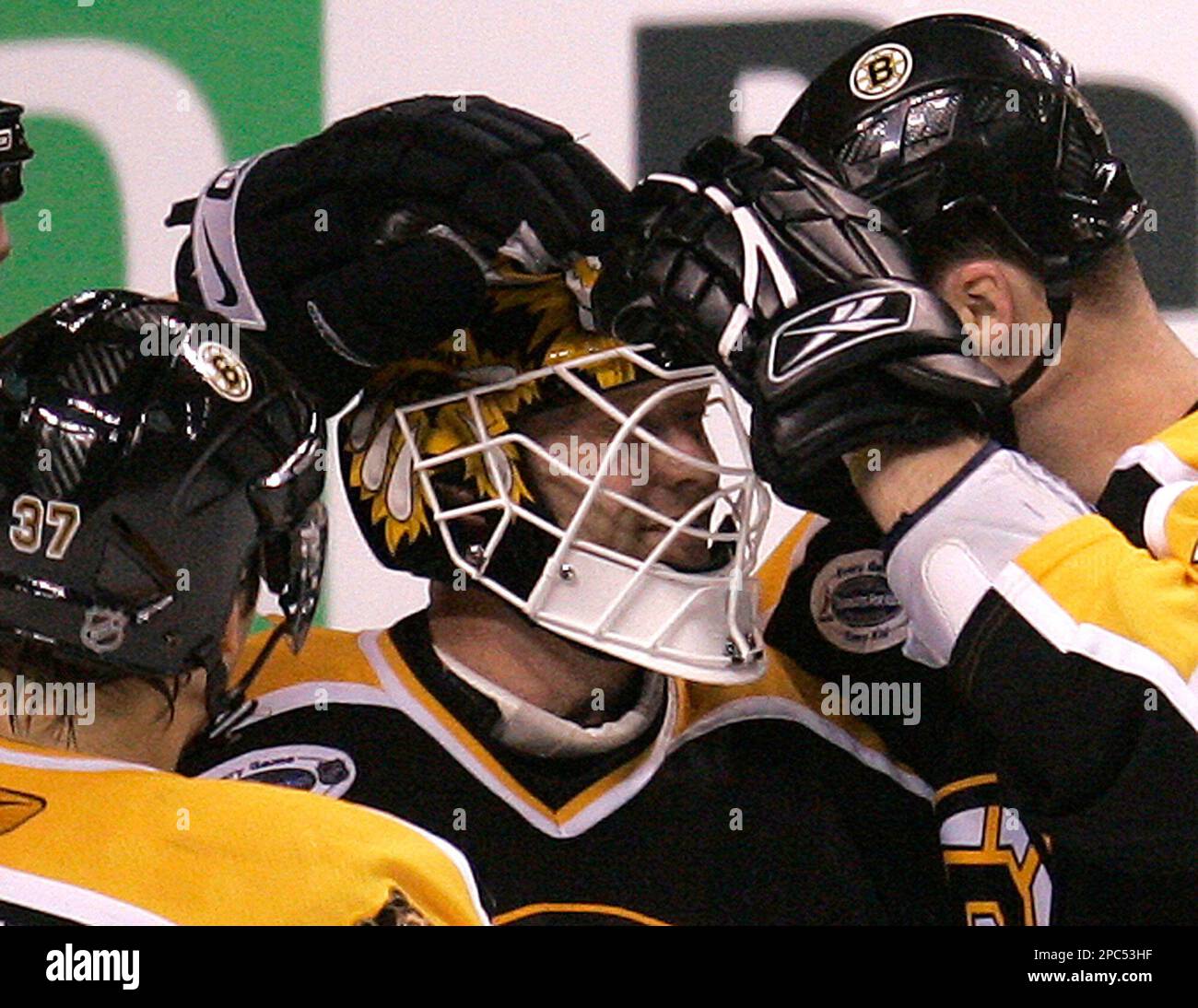 Boston Bruins' Paul Mara (23), right, and Patrice Bergeron, left ...