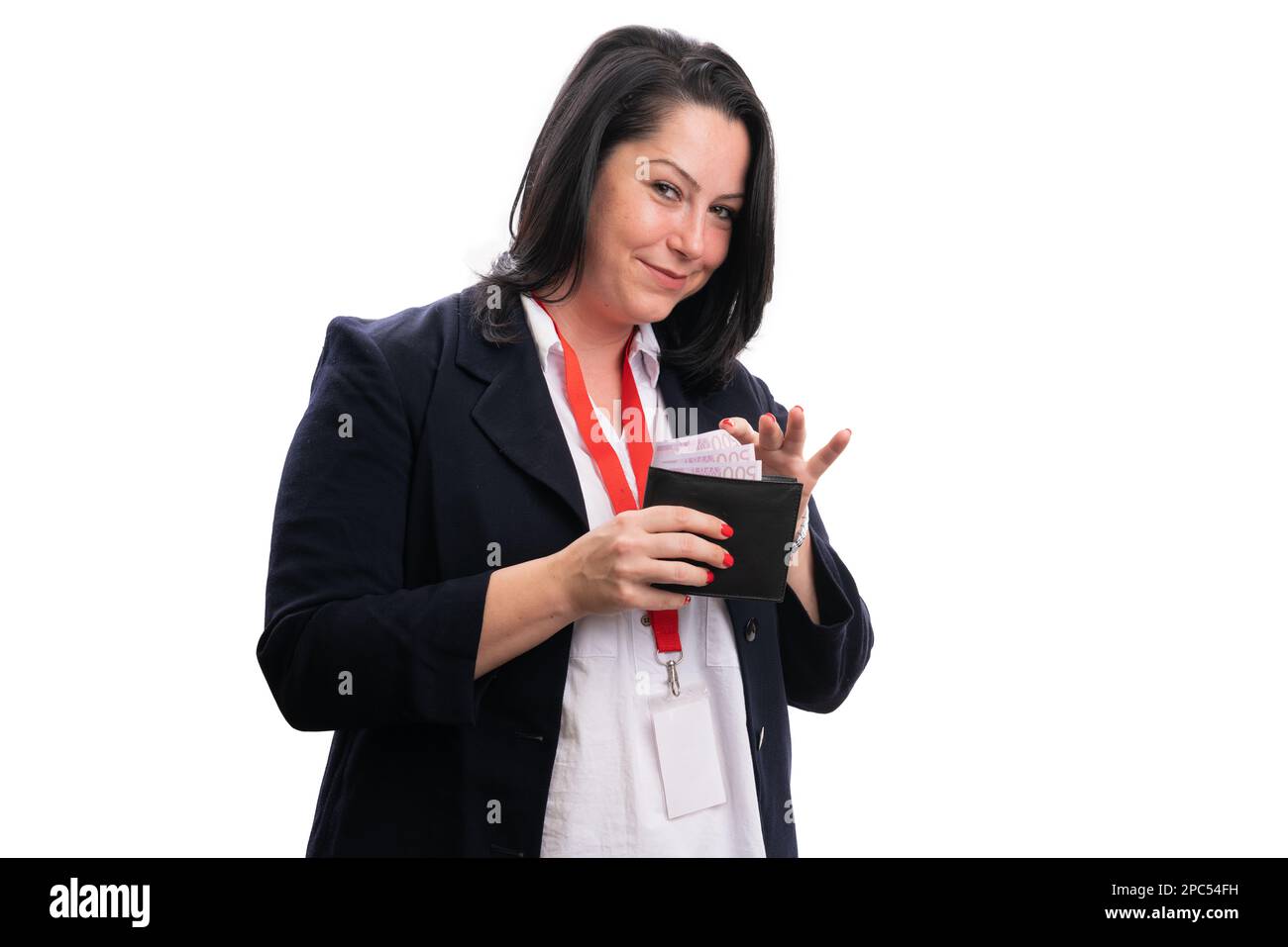 Happy adult businesswoman in formal clothing wearing id name tag ...