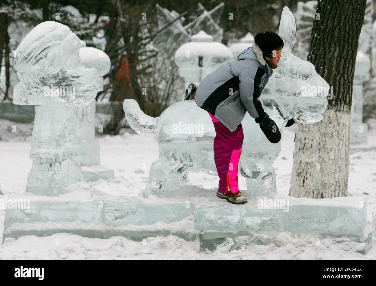 A Chinese boy straddles a donkey carved out of ice at the Zhao Lin Park ...