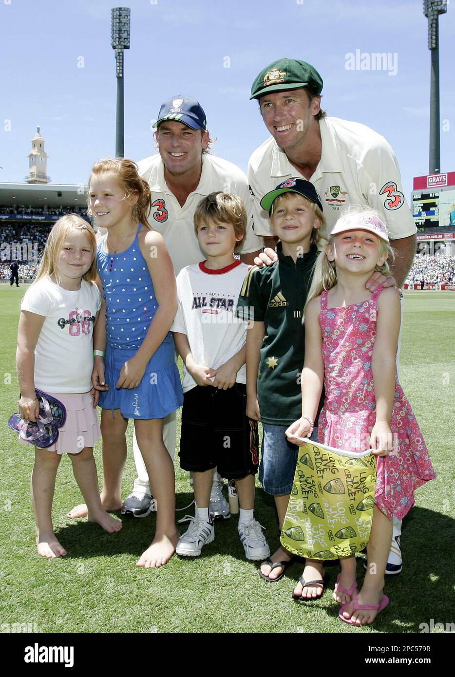 Australian bowlers Shane Warne left, and Glenn McGrath pose for a photo ...