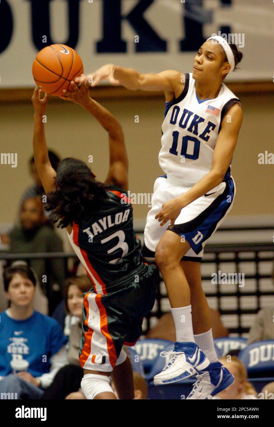 Duke's Lindsey Harding (10) tries to block Miami's Renee Taylor (3) in ...