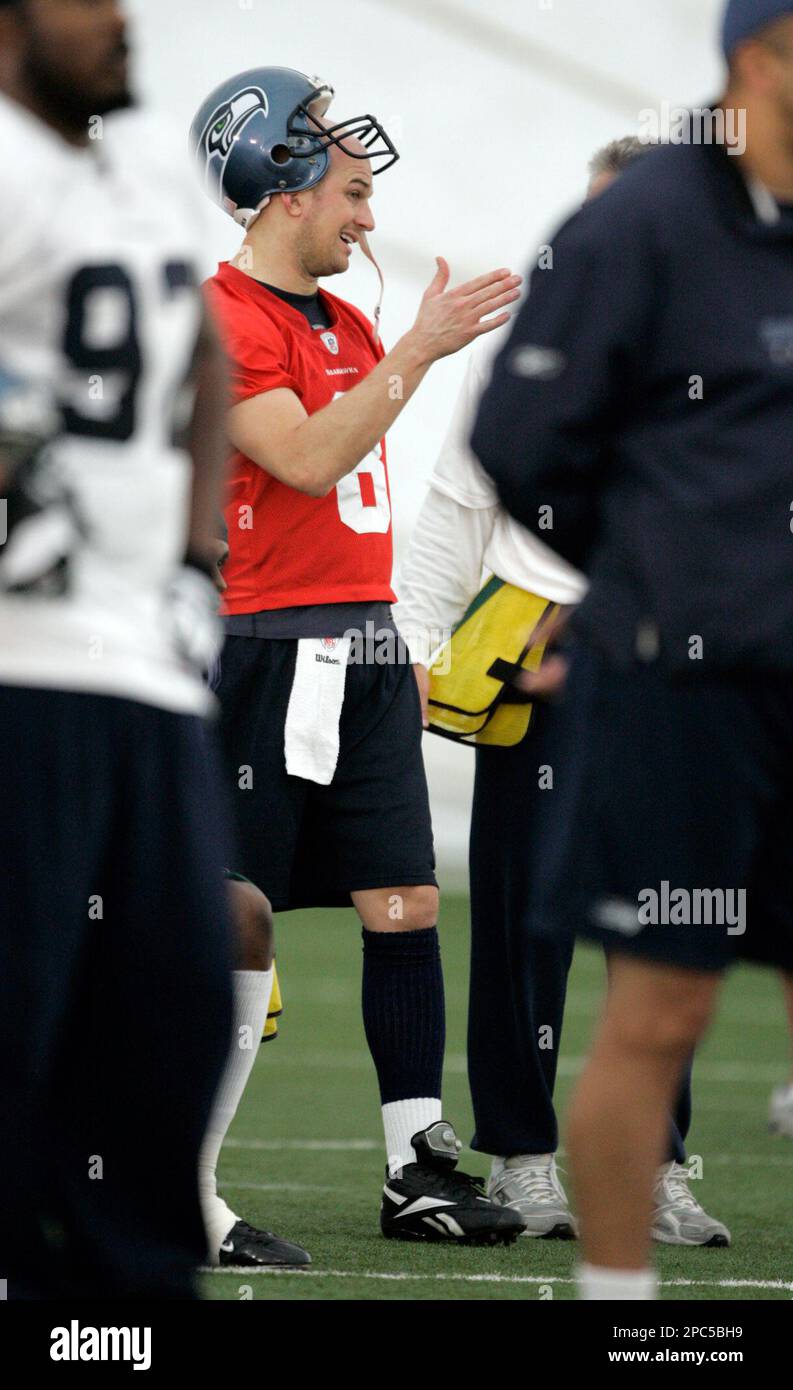 Seattle Seahawks quarterback Matt Hasselbeck talks during a break in ...