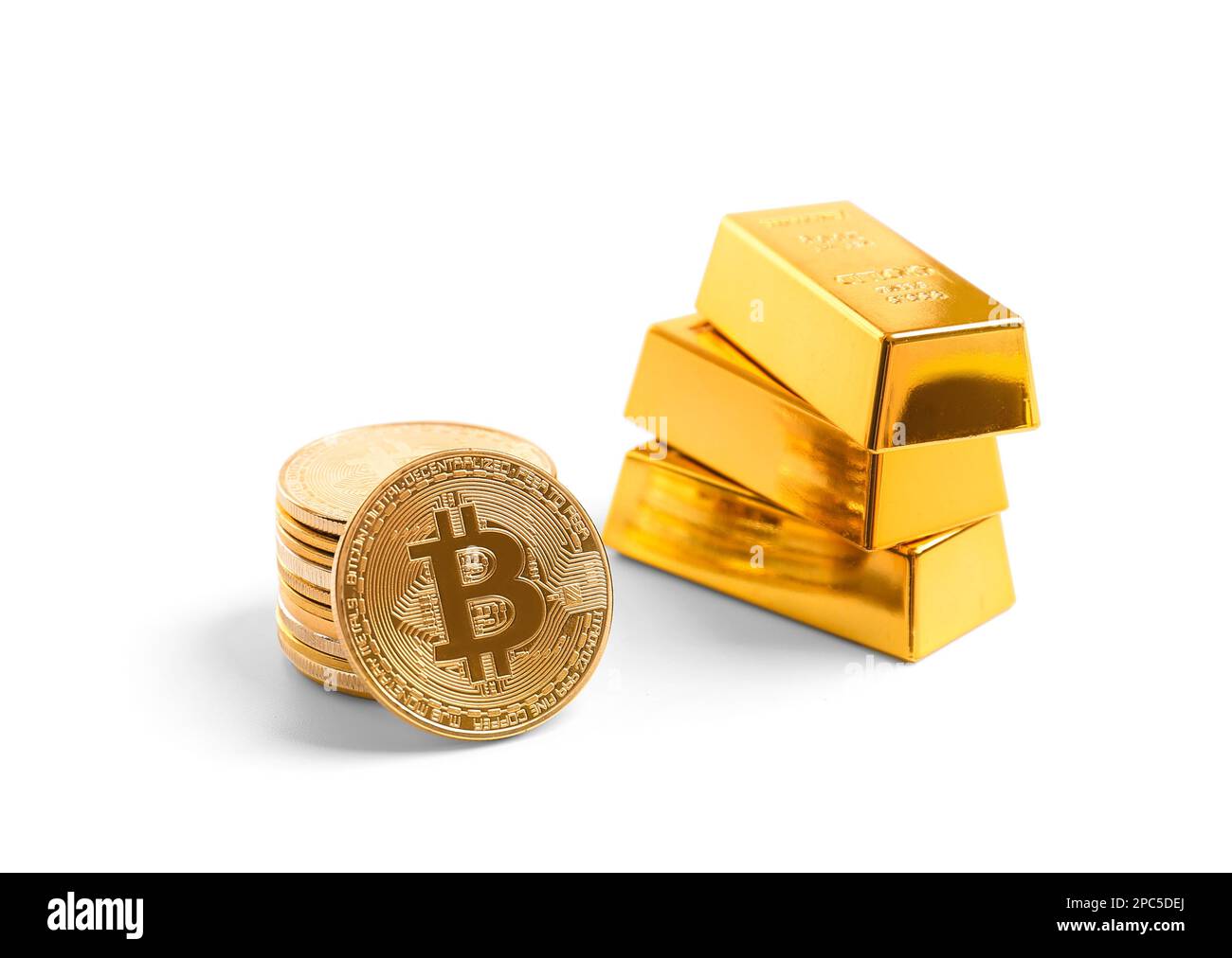 Heap of bitcoin coins and gold bars isolated on white background ...