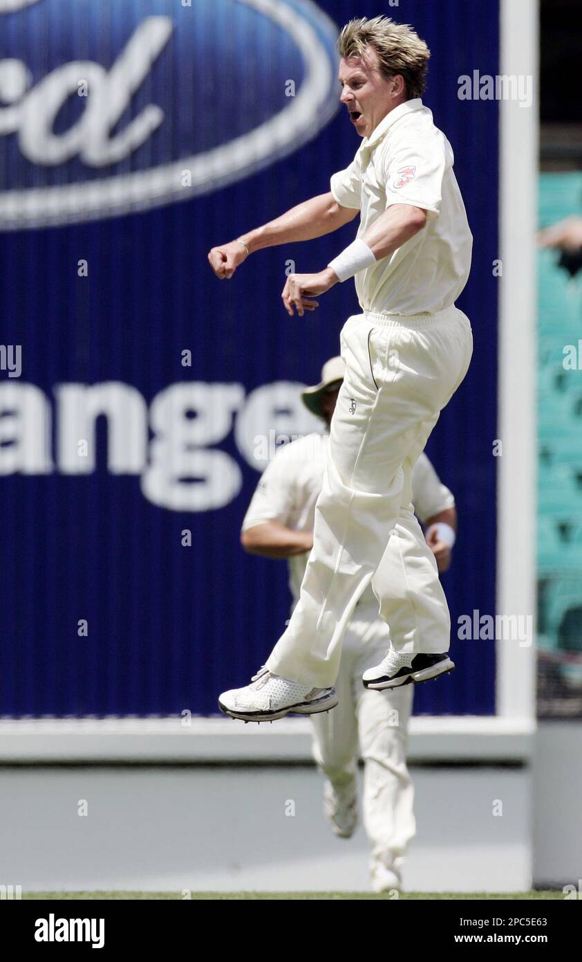 Australian bowler Brett Lee leaps in the air as he celebrates aftre ...