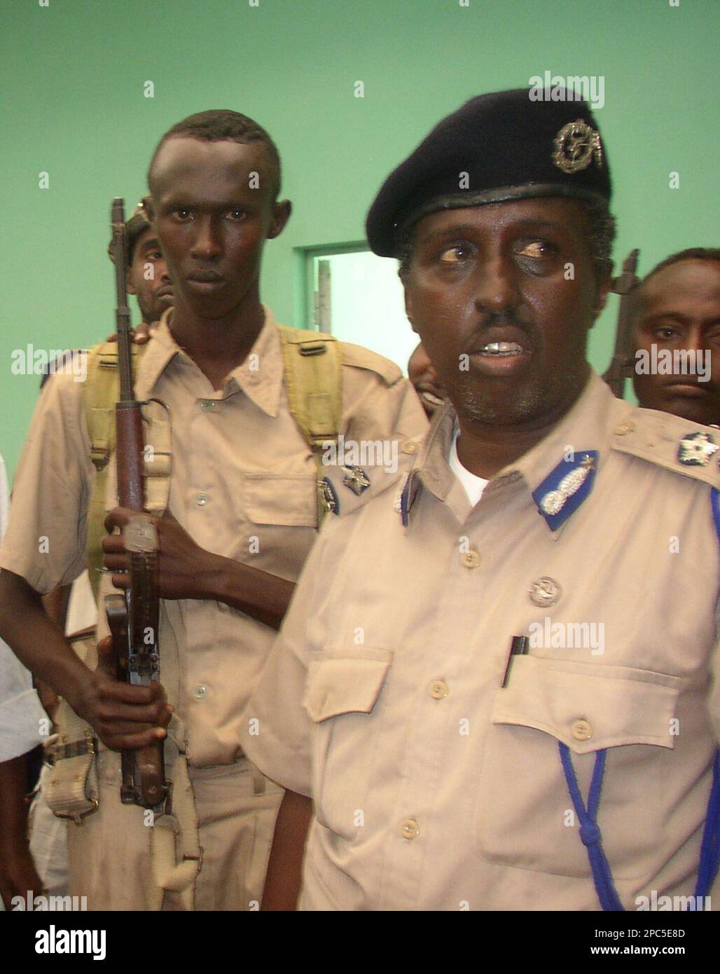 Somali police commander Ali Said, right, visits the Mogadishu seaport ...