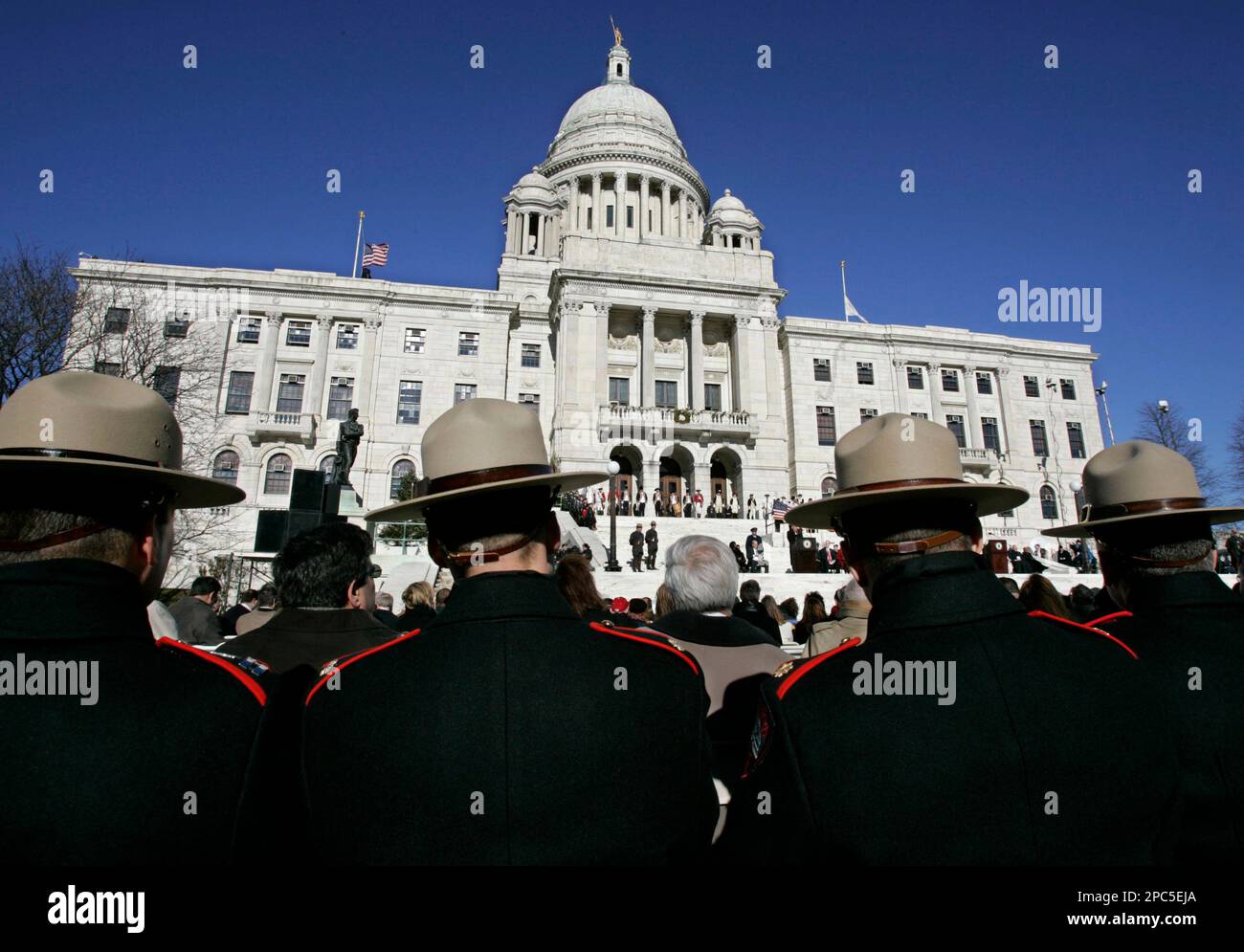 Rhode Island State Police troopers watch swearing in ceremonies for re ...