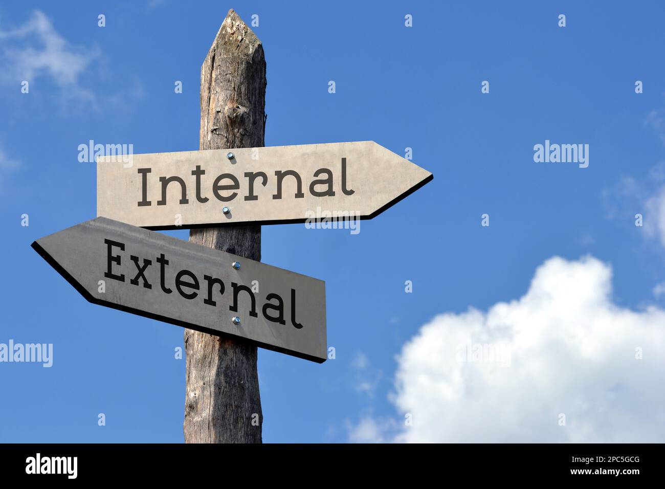 Internal and external - wooden signpost with two arrows, sky with ...