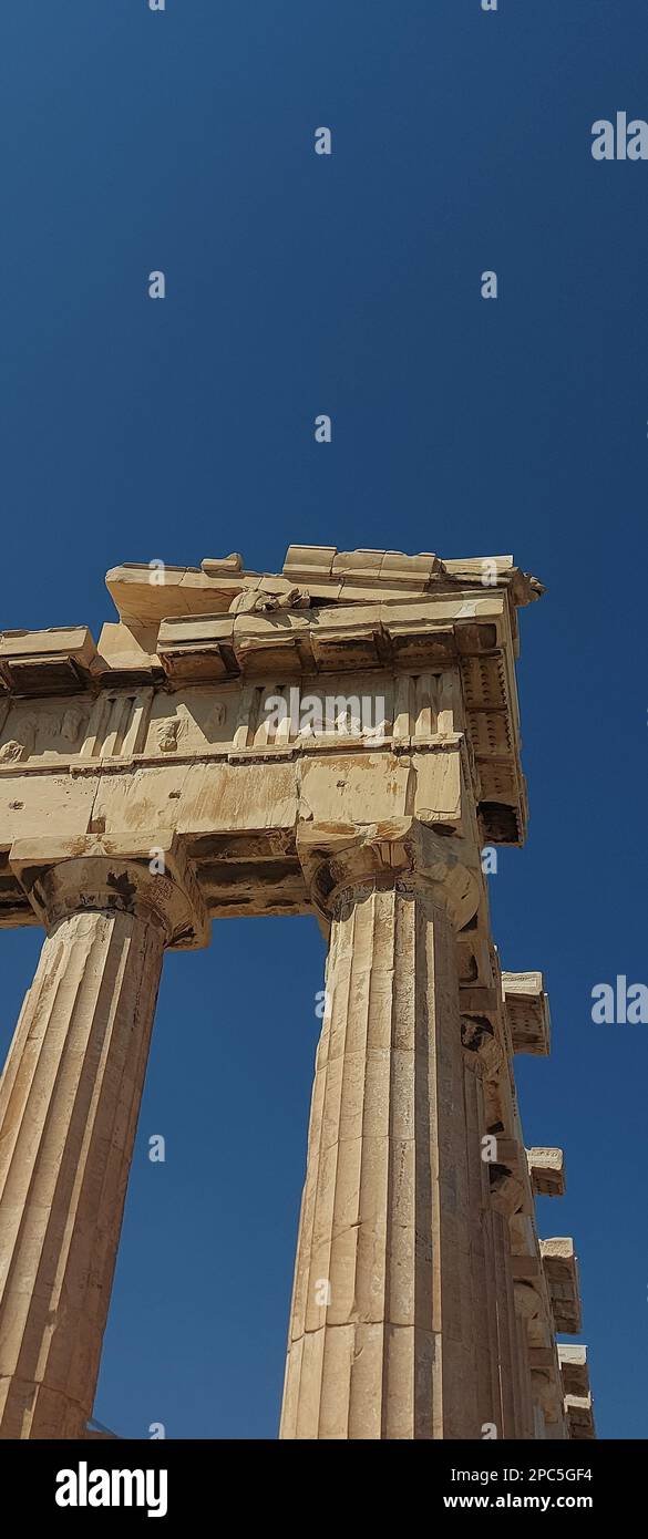 The details of the Parthenon in Athens with the fluted columns and ...