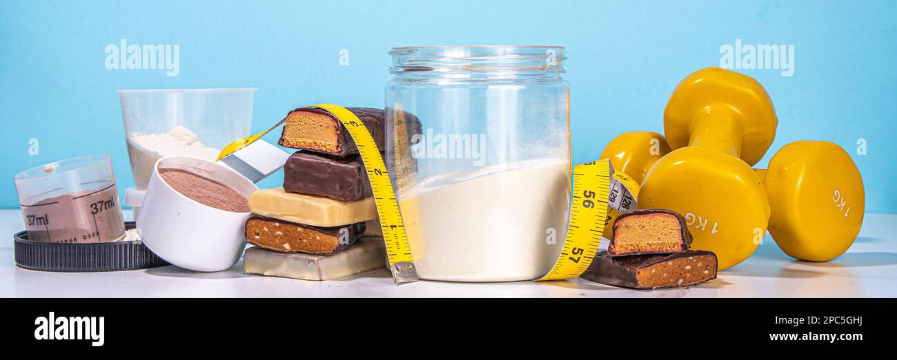 Set of protein bar, shake cocktail and powder. Healthy sport and ...
