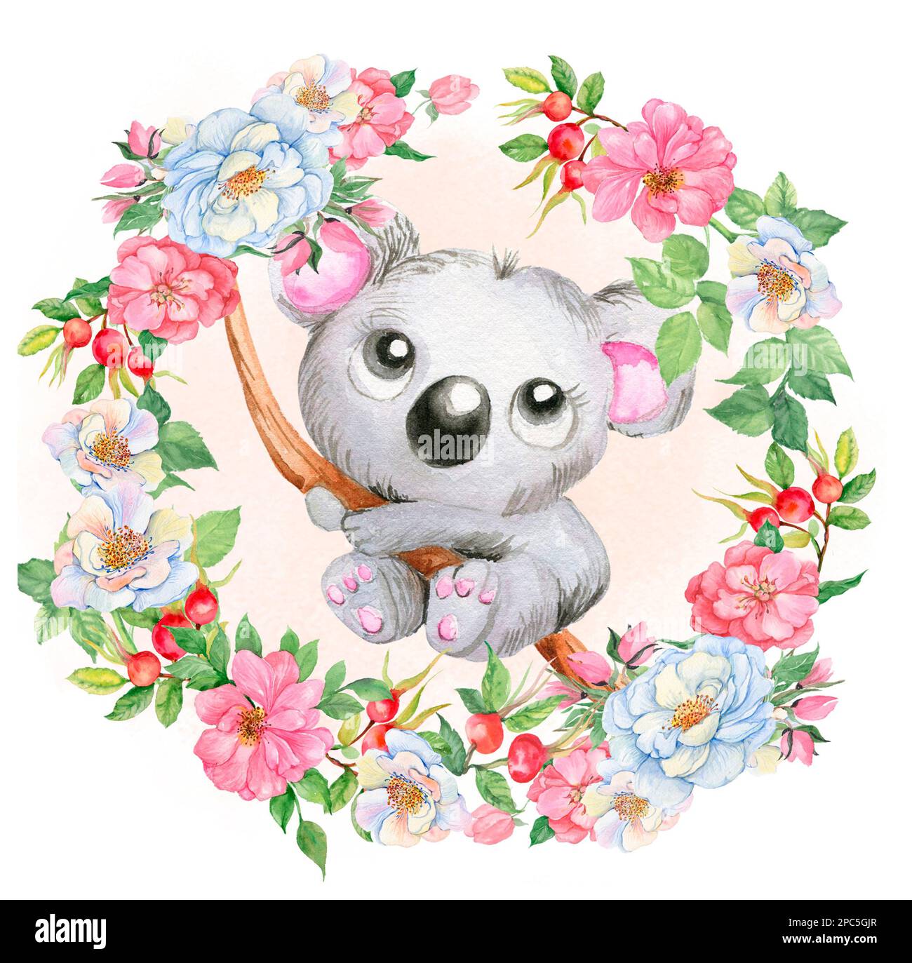 Watercolor hand drawn cute small baby animal with flower frame. Hand ...