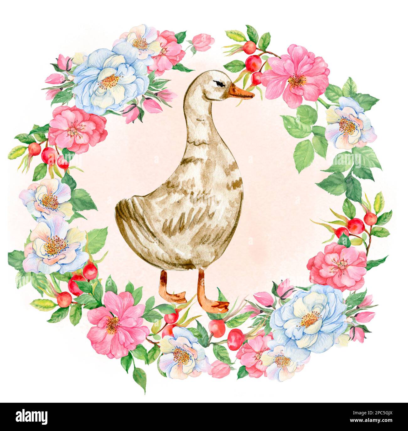 Watercolor composition of an flower frame with goose. Hand-drawn ...