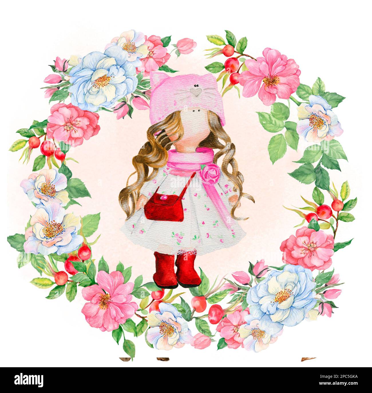 Watercolor hand drawn cute doll Tilda with flower frame. Hand drawn ...