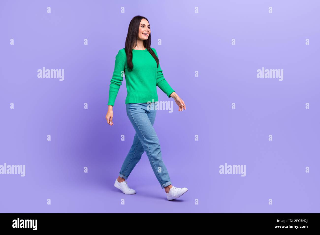 Full length profile photo of fashion model woman walking advertising ...