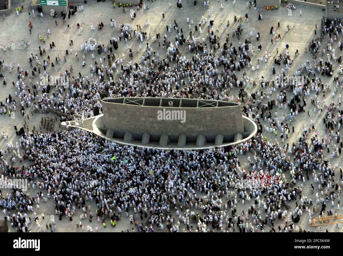 An aerial view of one of three huge stone pillars as Muslim pilgrims ...