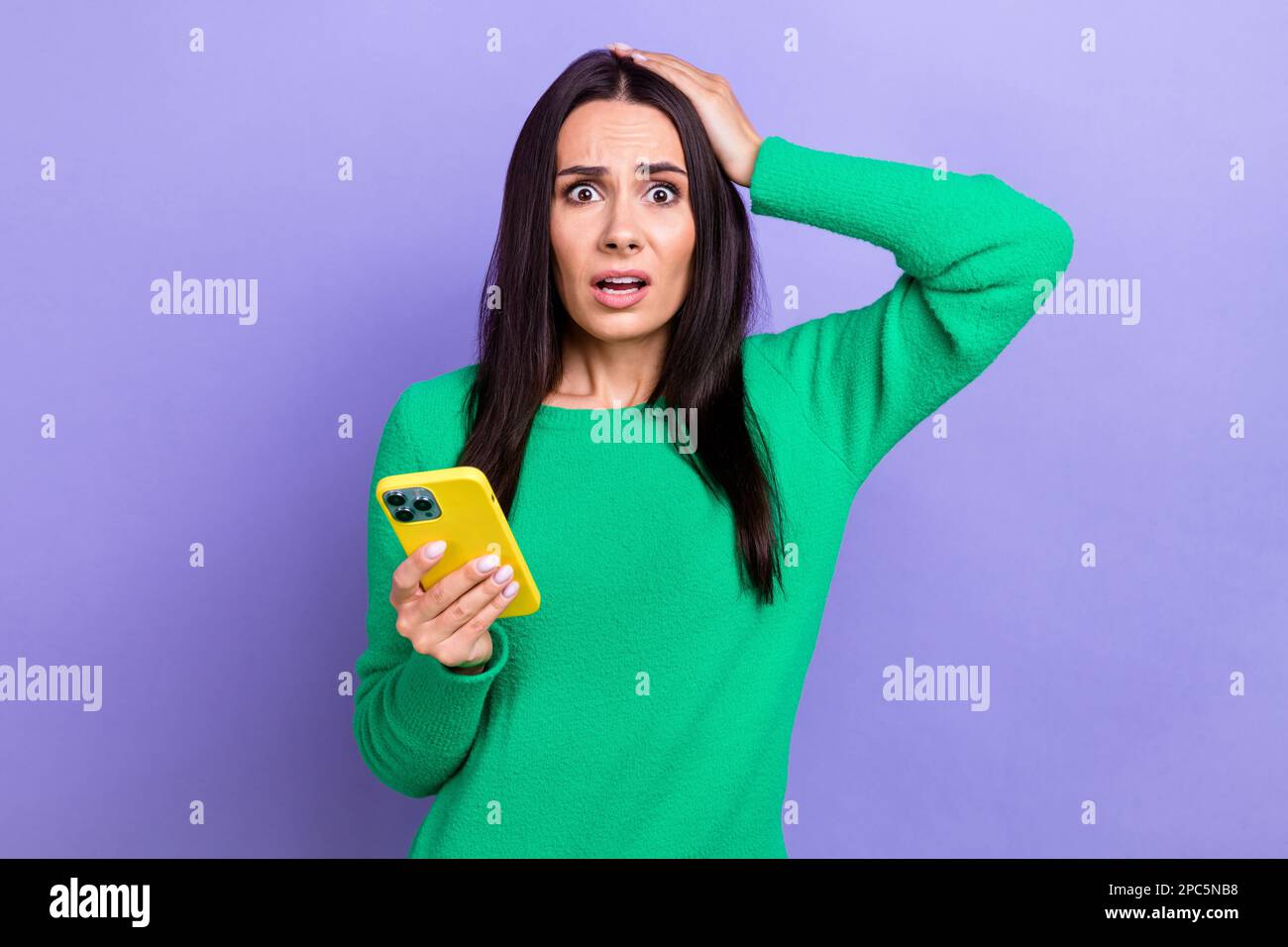 Photo of young confused unhappy lady staring hand head hold smartphone ...