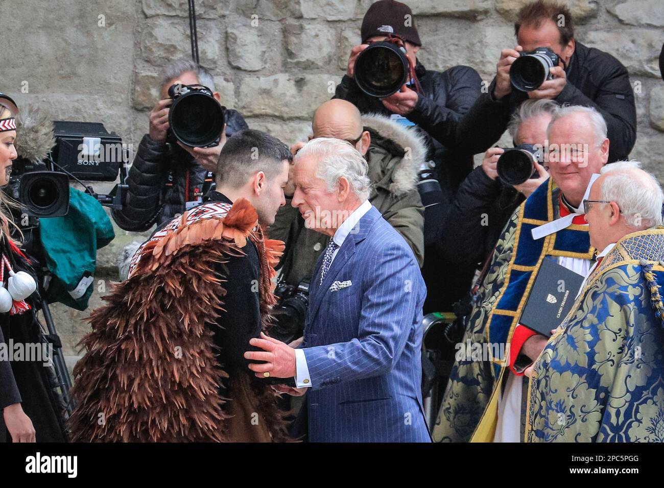 London, UK. 13th Mar, 2023. The King greets a representative of Ngati ...
