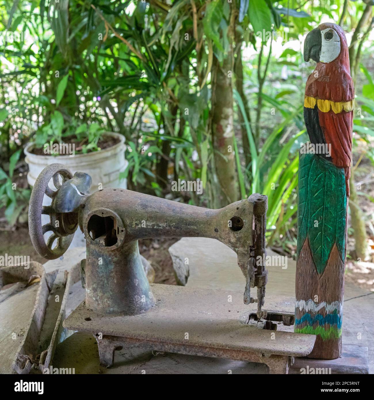 Muelle San Carlos, Costa Rica - An ancient sewing machine and a carved ...