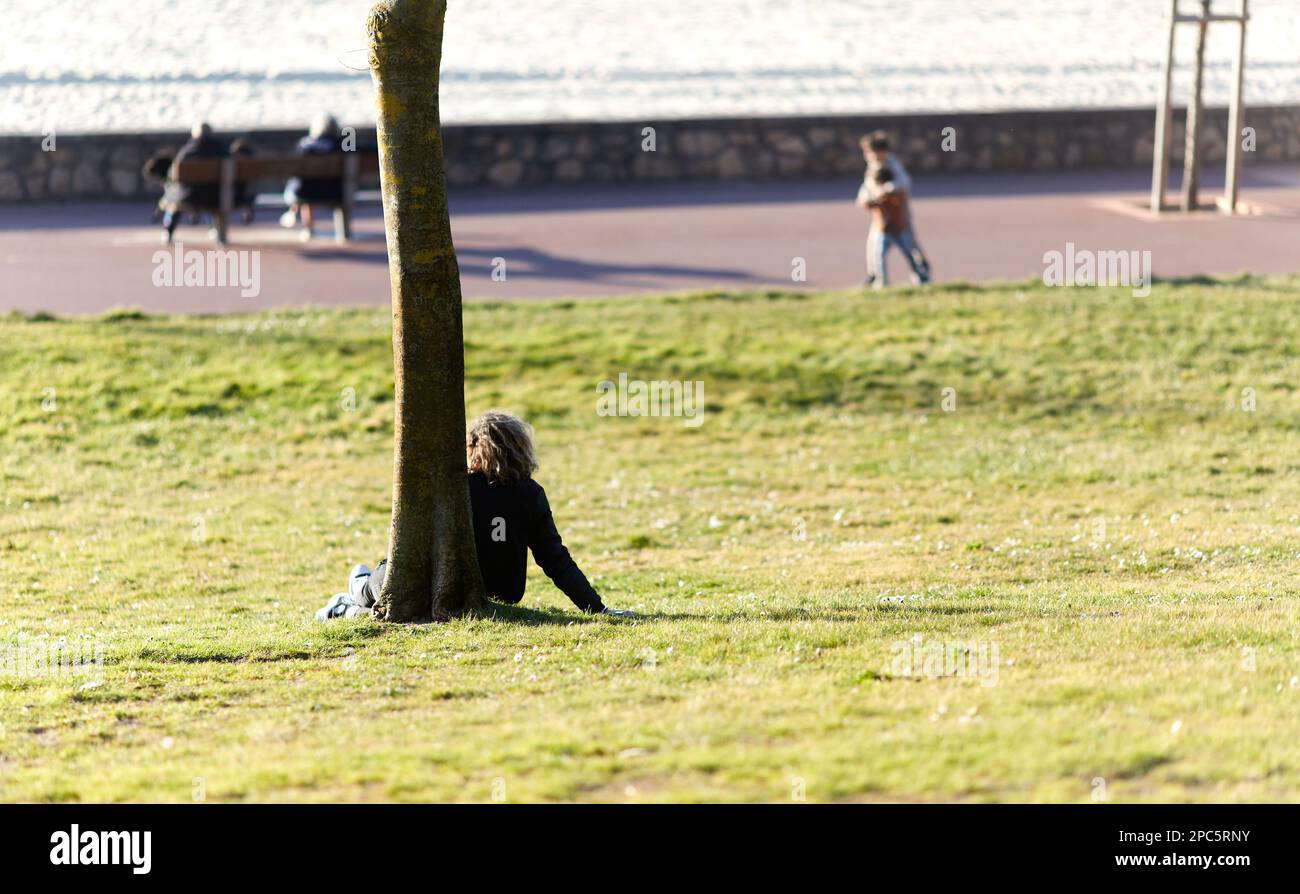 Woman sitting against tree trunk hi-res stock photography and images ...