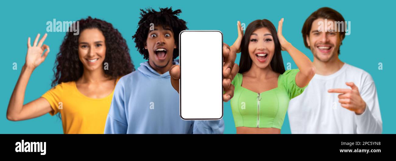 Glad Shocked Different People Show Smartphone With Blank Screen Make Ok Hand Gesture Stock glad-shocked-different-people-show-smartphone-with-blank-screen-make-ok-hand-gesture-stock