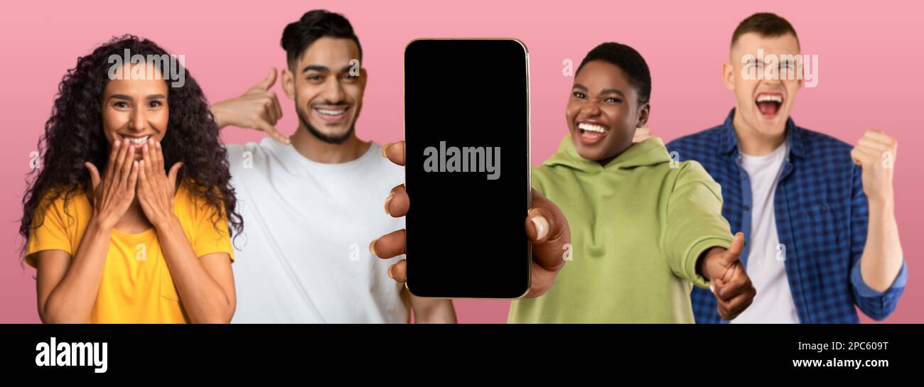 App for chat. Cheerful excited millennial diverse people show phone ...