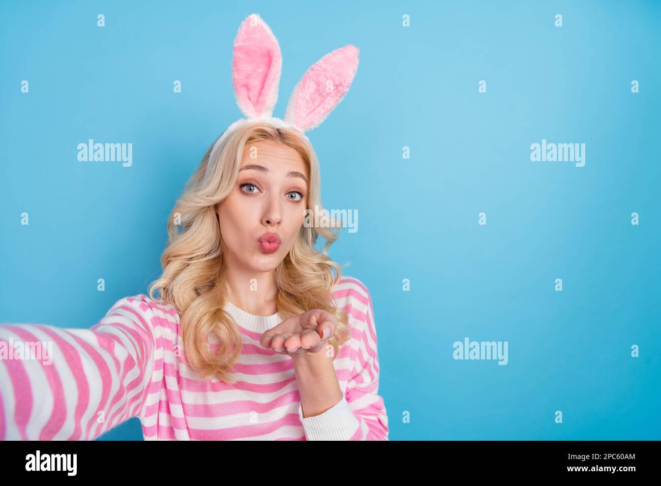 Photo of dreamy flirty lady dressed pullover headband tacking selfie ...