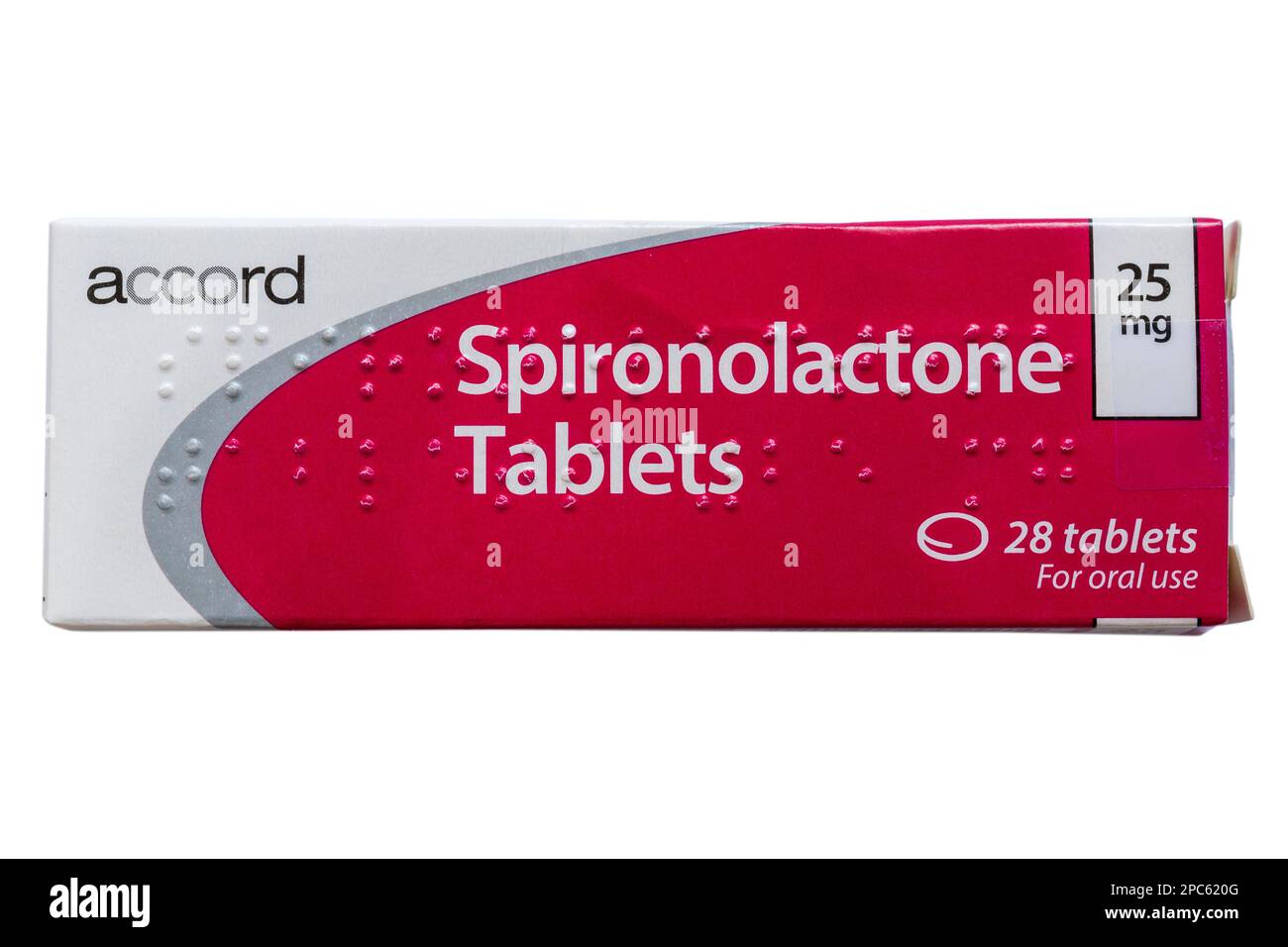 Packet of accord Spironolactone Tables 28 tablets 25 mg isolated on ...