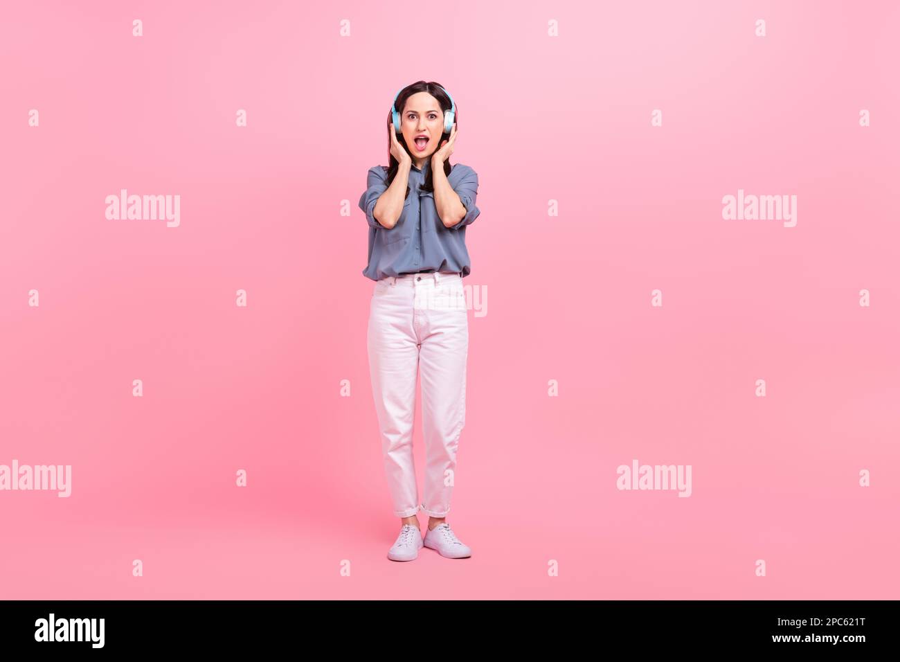 Full length body photo of overjoyed funny excited meloman listen new ...