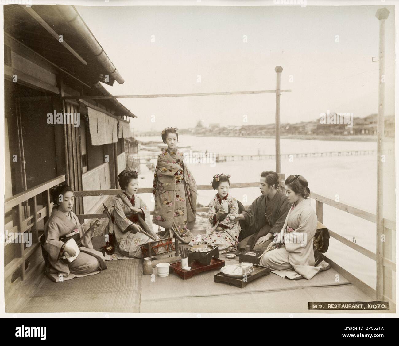 19th c. vintage photo Japan: eating a meal, restaurant balcony, Kyoto ...