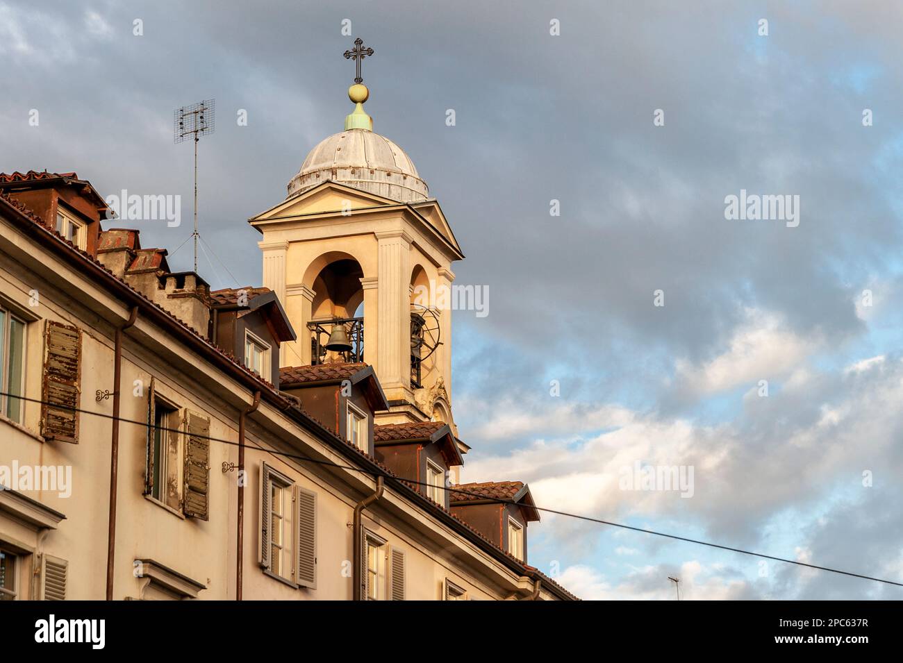 Italy, Turin. Urban panorama from piazza Gran Madre di Dio church, bell ...
