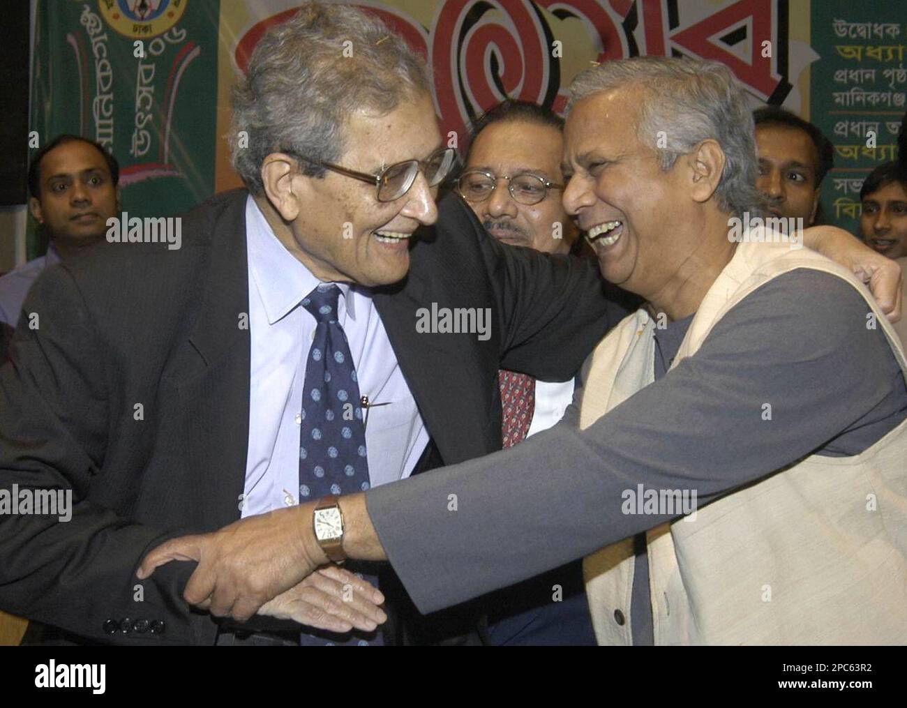 India's Nobel Laureate Prof. Amartya Sen, left, greets Bangladeshi ...