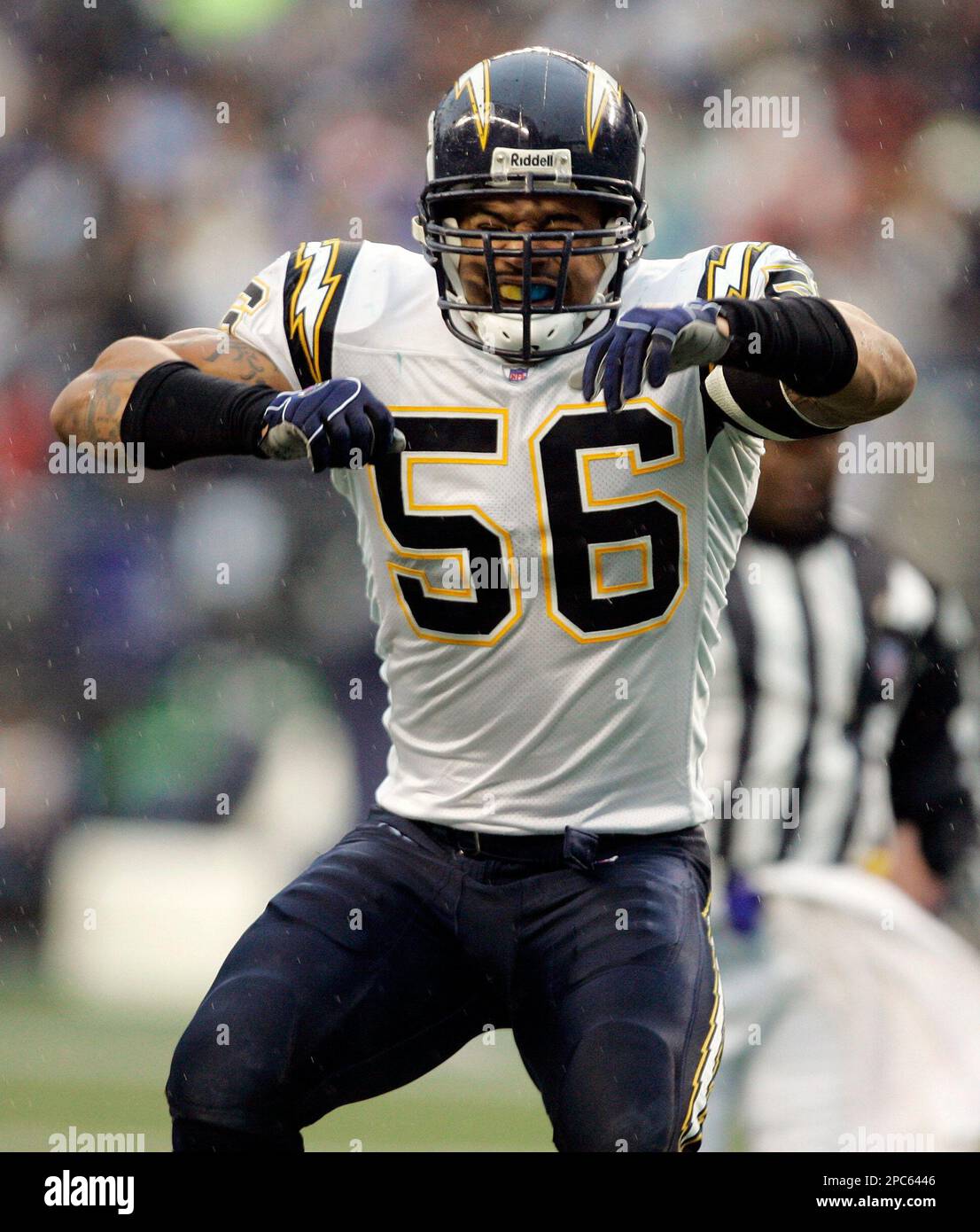 San Diego Chargers' Shawne Merriman reacts after sacking Seattle ...