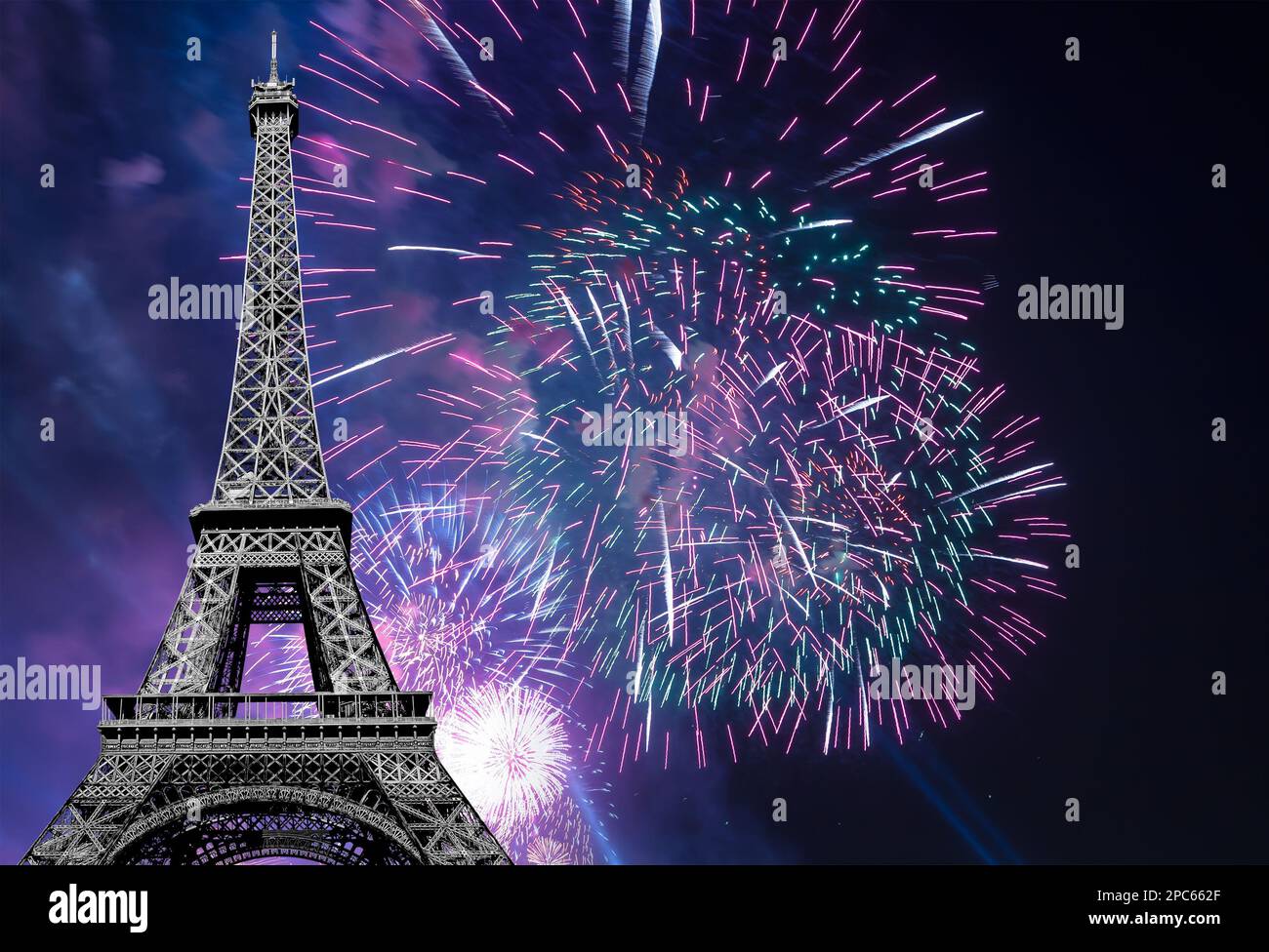 Celebratory colorful fireworks over the Eiffel Tower in Paris, France ...