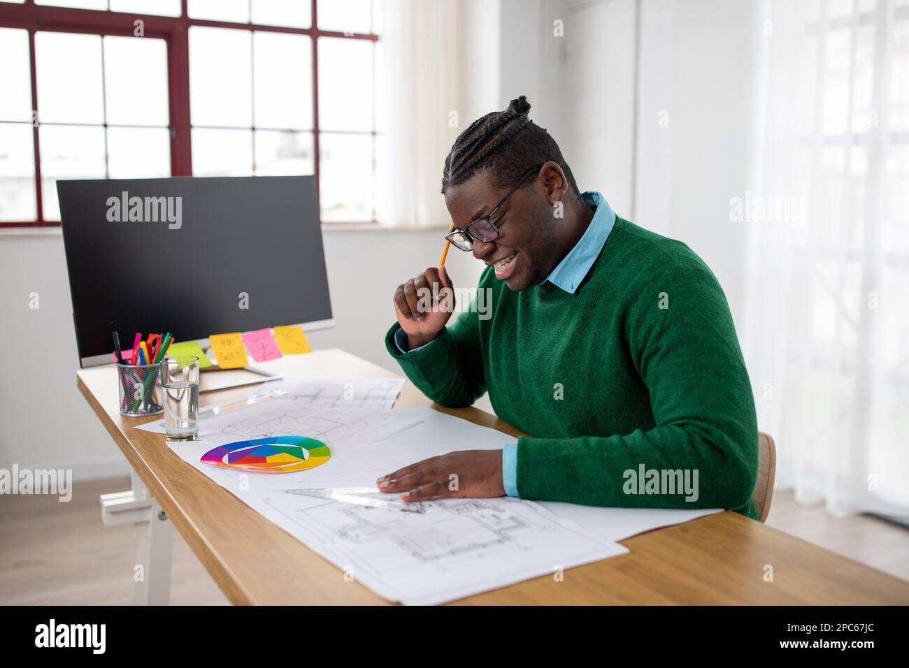 Cheerful African American Architect Guy Making Technical Drawing In ...