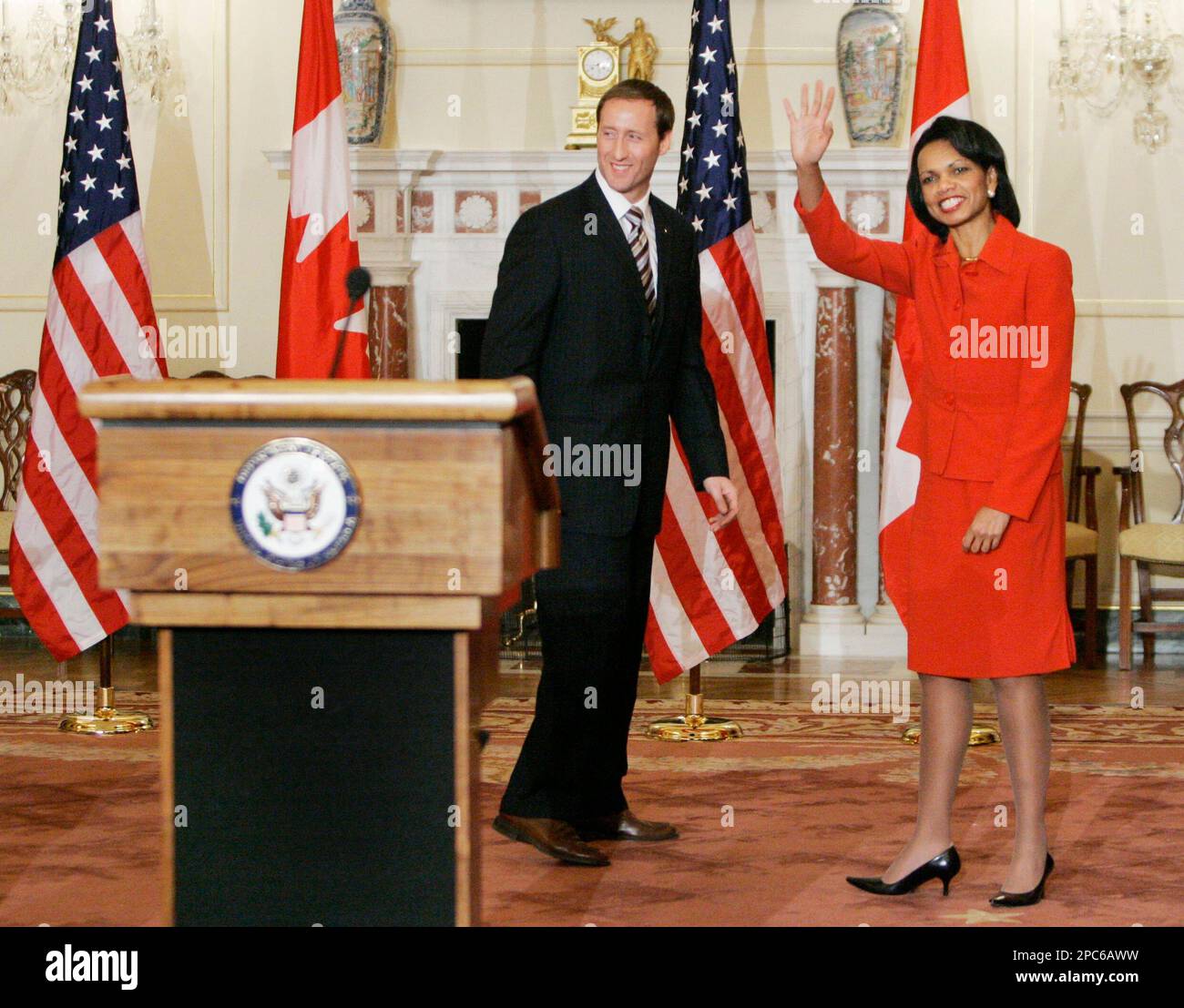 Secretary of State Condoleezza Rice, right, waves at the conclusion of ...