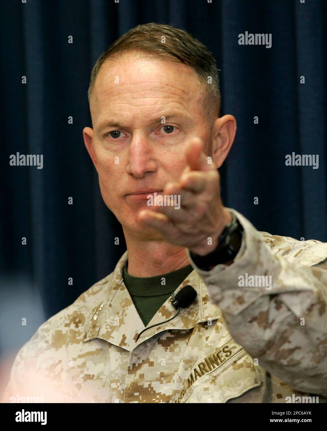 United States Marine Colonel Stewart Navarre addresses the media at a ...