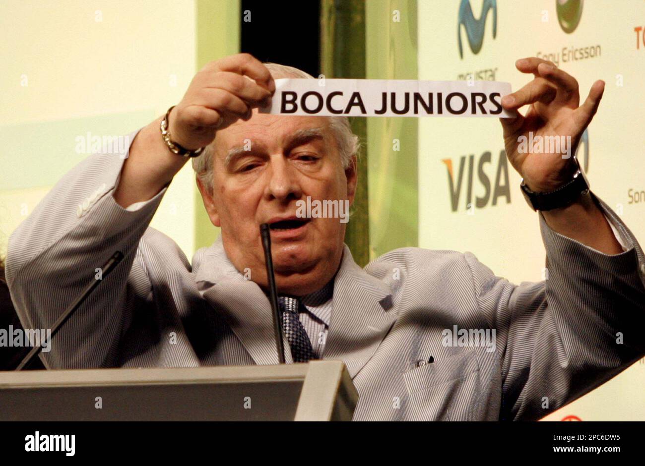 Conmebol's General Secretary Eduardo De Lucca shows a paper with the ...