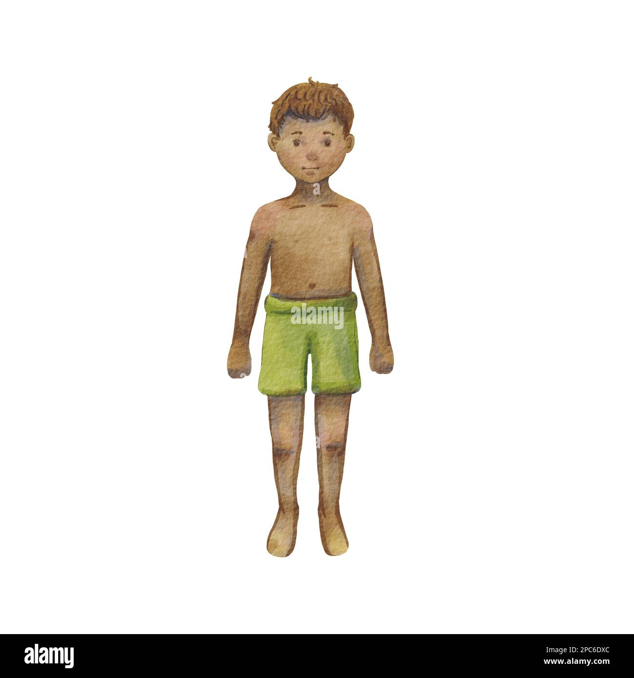 A boy with dark skin in shorts stands isolated on a white background ...