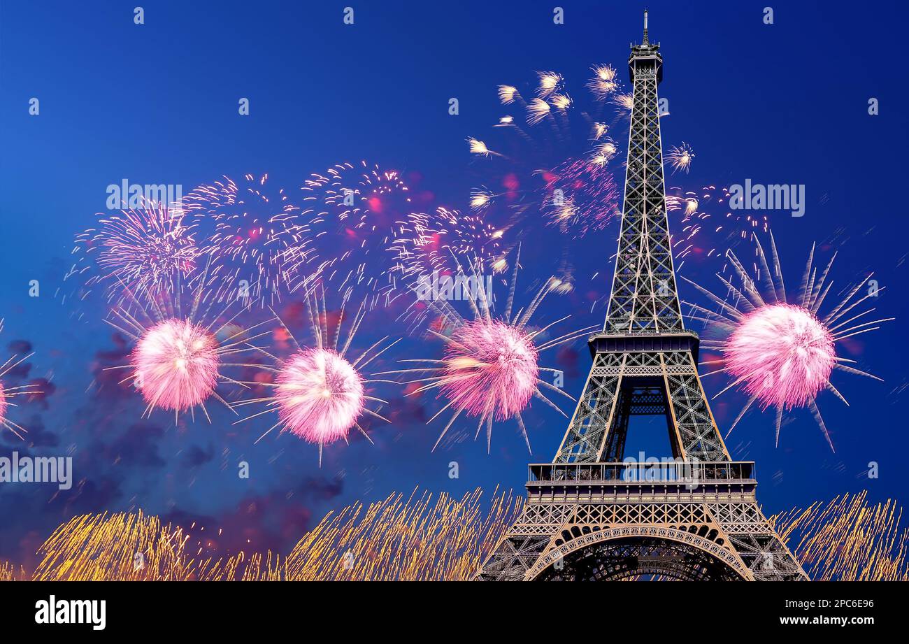 Celebratory colorful fireworks over the Eiffel Tower in Paris, France ...