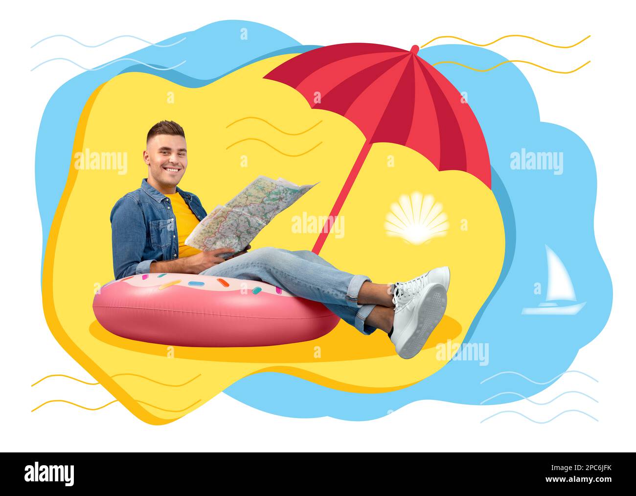 Cheerful millennial european guy tourist in casual with map sit on ...