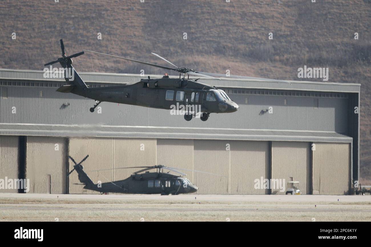 A helicopter takes off from Marshall Army Airfield at Fort Riley, Kan ...