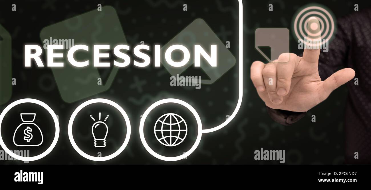 Sign displaying Recession. Word Written on the process of progressive decrease in growing ...