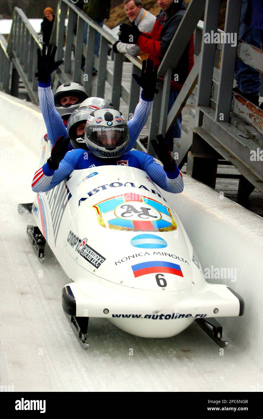 Evgeni Popov, of Russia, drives a 4-man bobsled with Dmitry Stepushkin ...