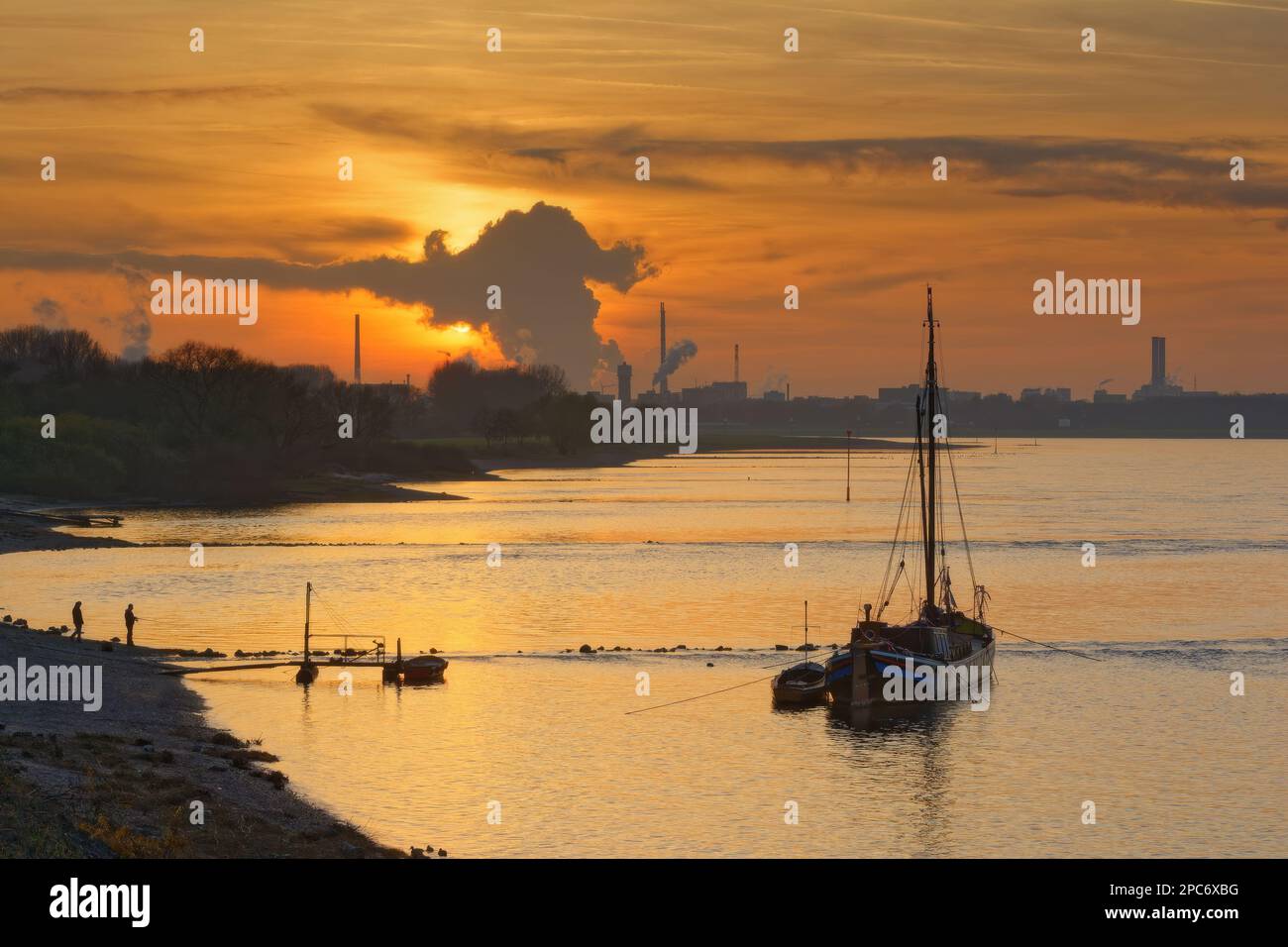 Evening at Rhine River with Industrial Plants ,Monheim am Rhein,Germany ...