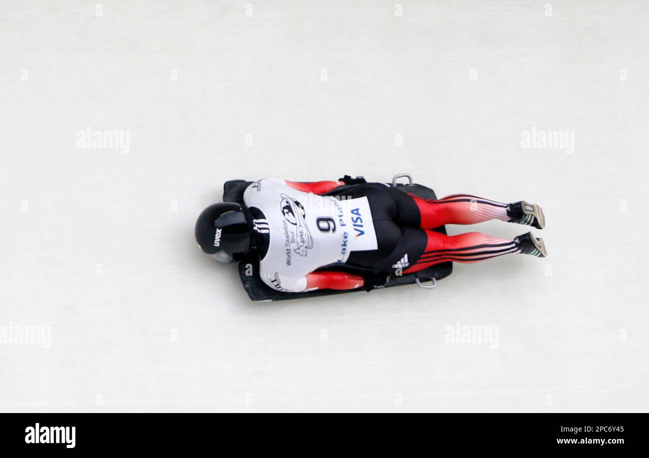 Carla Pavin of Canada slides through curve 19 at the Olympic Sports ...