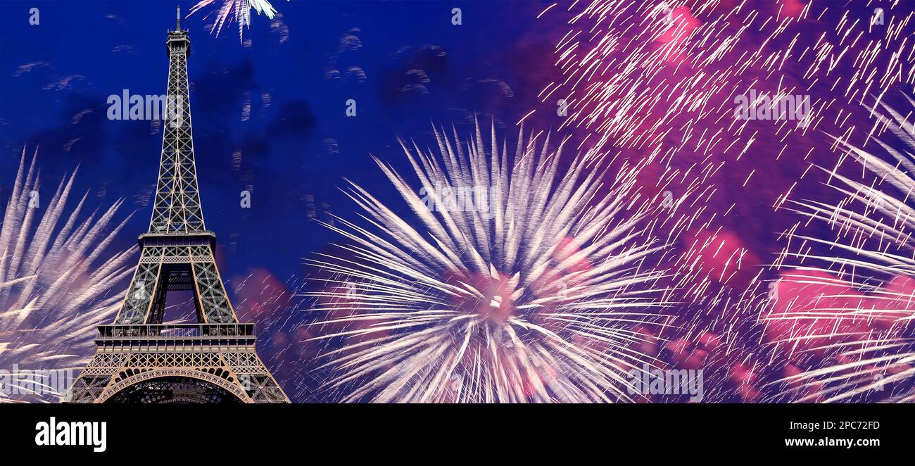 Celebratory colorful fireworks over the Eiffel Tower in Paris, France ...