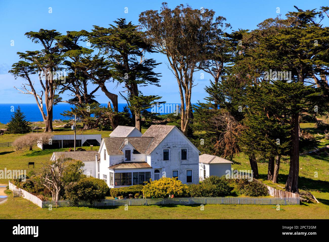 Historic white house and tall trees on rustic ranch in coastal ...