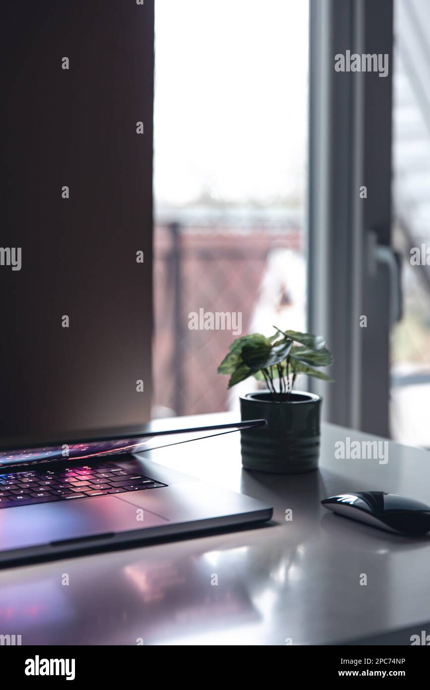 Close up of laptop keyboard colorful neon illumination, backlit ...